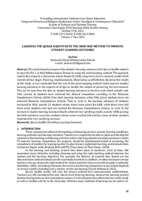 (PDF) LEARNING THE QURAN HADITH WITH THE MIND MAP METHOD TO IMPROVE ...