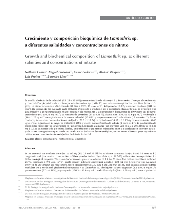 (PDF) Crecimiento y composición bioquímica de Limnothrix sp. a ...