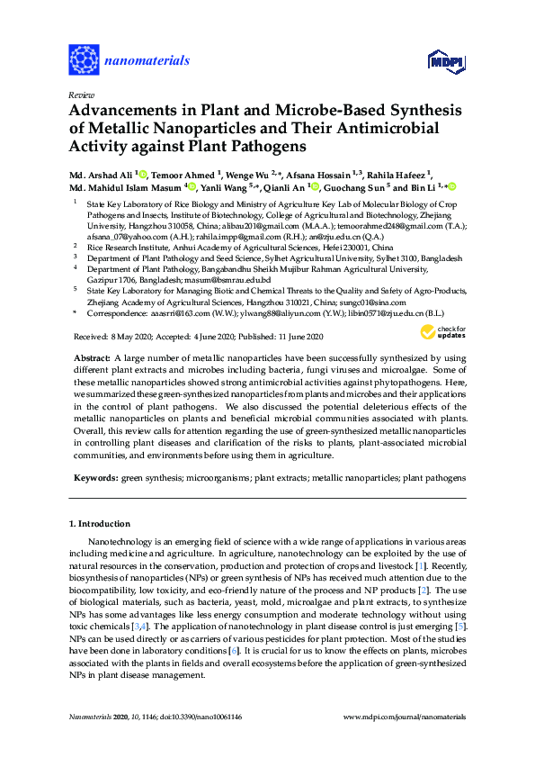 (PDF) Advancements in Plant and Microbe-Based Synthesis of Metallic Nanoparticles and Their ...