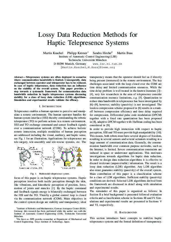 (PDF) Lossy data reduction methods for haptic telepresence systems