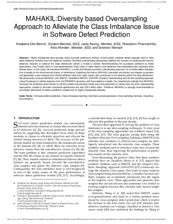 (PDF) MAHAKIL: Diversity Based Oversampling Approach to Alleviate the Class Imbalance Issue in ...
