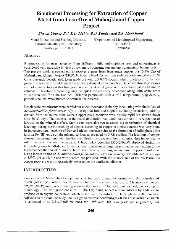 (PDF) Biomineral Processing for Extraction of Copper Metal from Lean Ore of Malanjkhand Copper ...