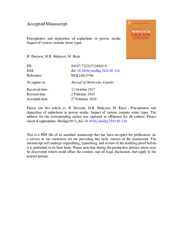 (PDF) Precipitation and deposition of asphaltene in porous media ...