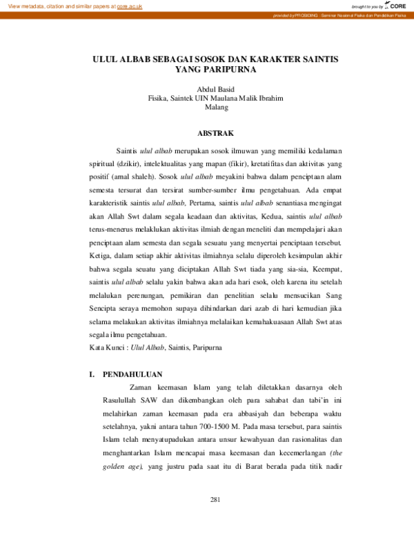 (PDF) Ulul Albab Sebagai Sosok Dan Karakter Saintis Yang Paripurna