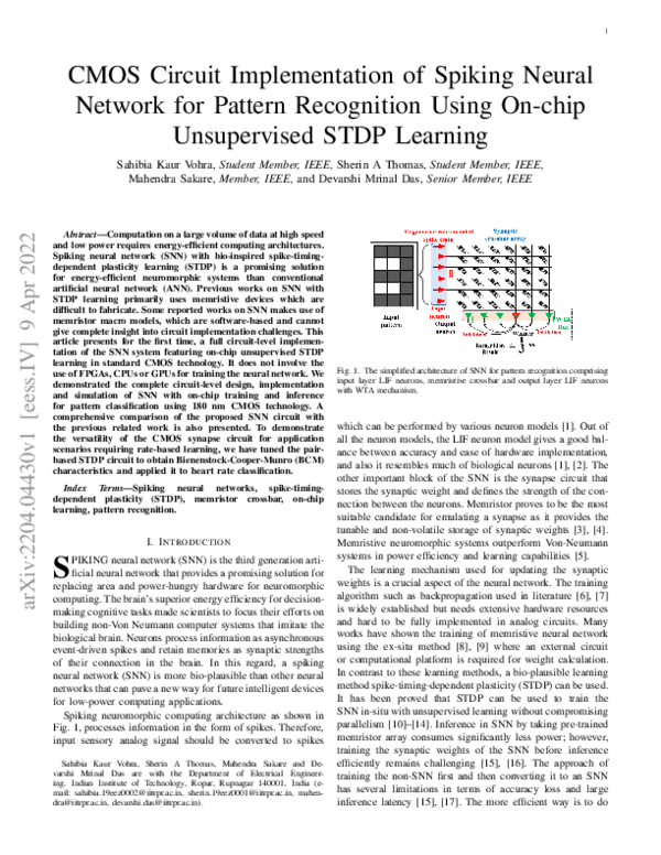 Pdf Cmos Circuit Implementation Of Spiking Neural Network For Pattern Recognition Using On
