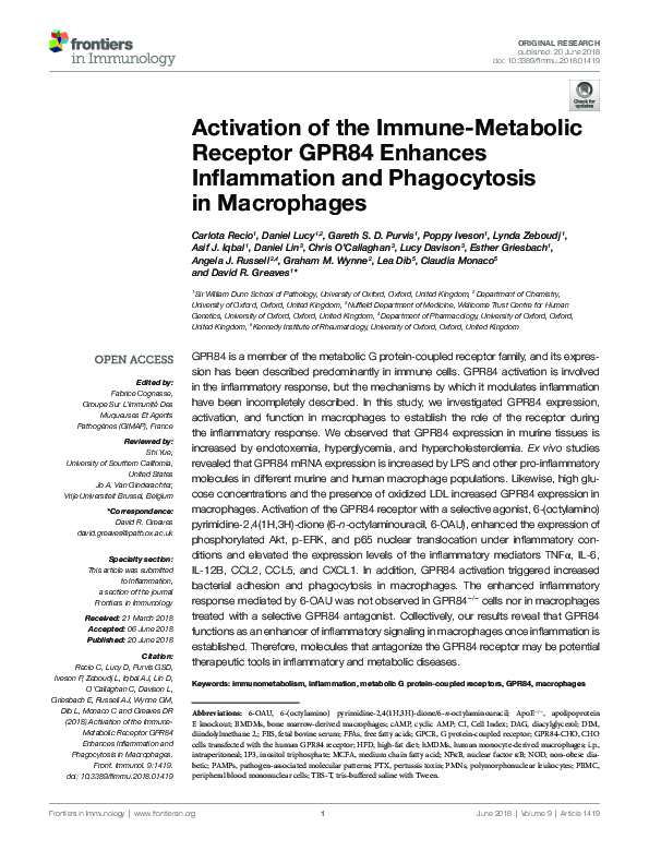 (PDF) Activation of the Immune-Metabolic Receptor GPR84 Enhances Inflammation and Phagocytosis ...