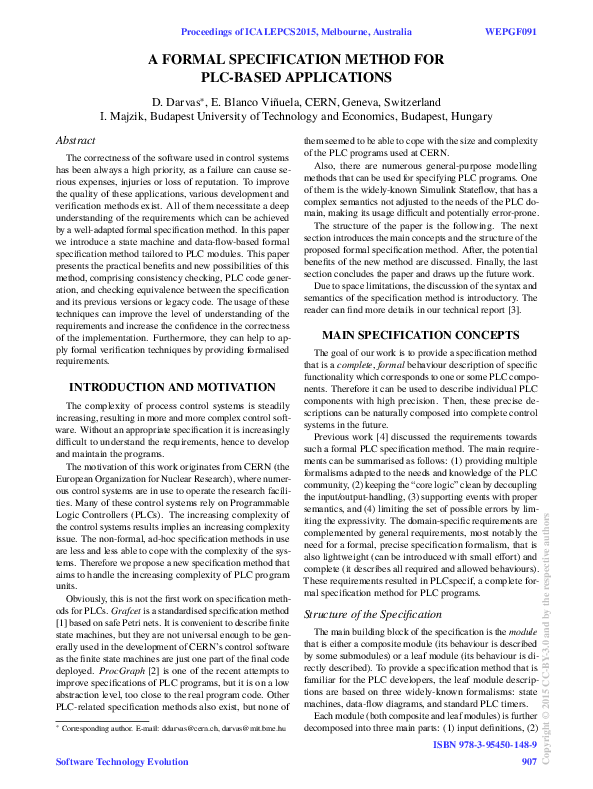 (PDF) A Formal Specification Method for PLC-based Applications