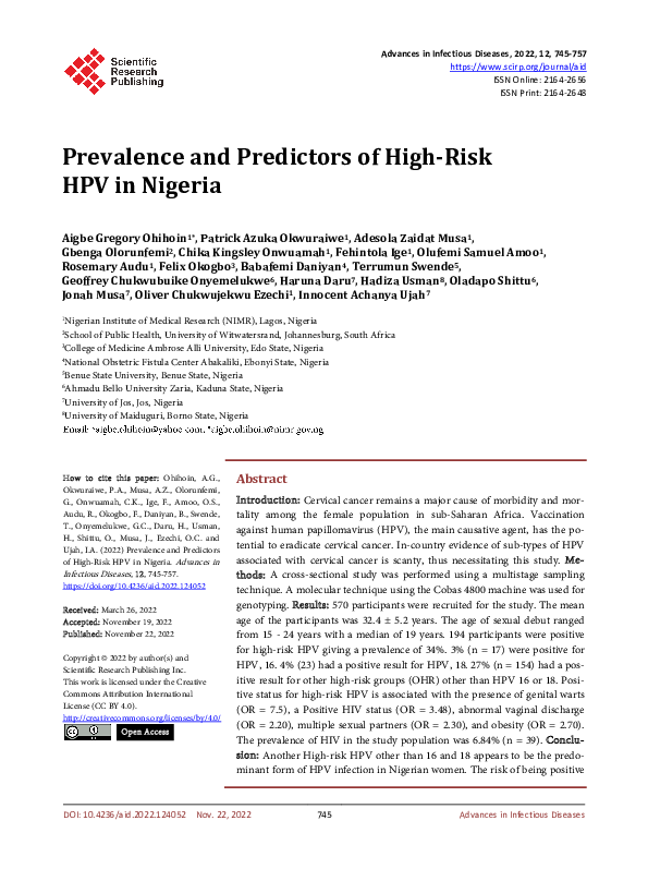 (PDF) Prevalence and Predictors of High-Risk HPV in Nigeria
