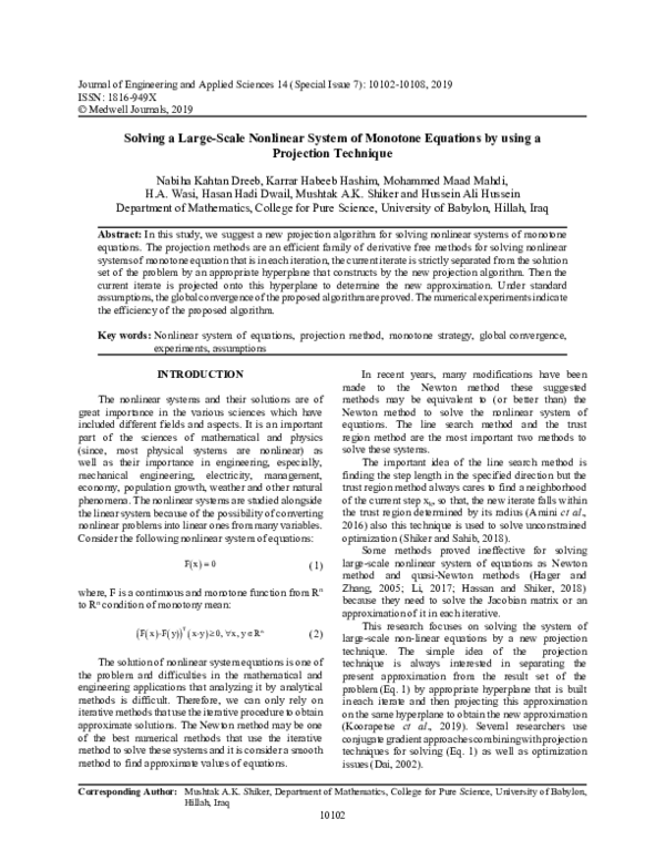 (PDF) Solving a Large-Scale Nonlinear System of Monotone Equations by using a Projection ...