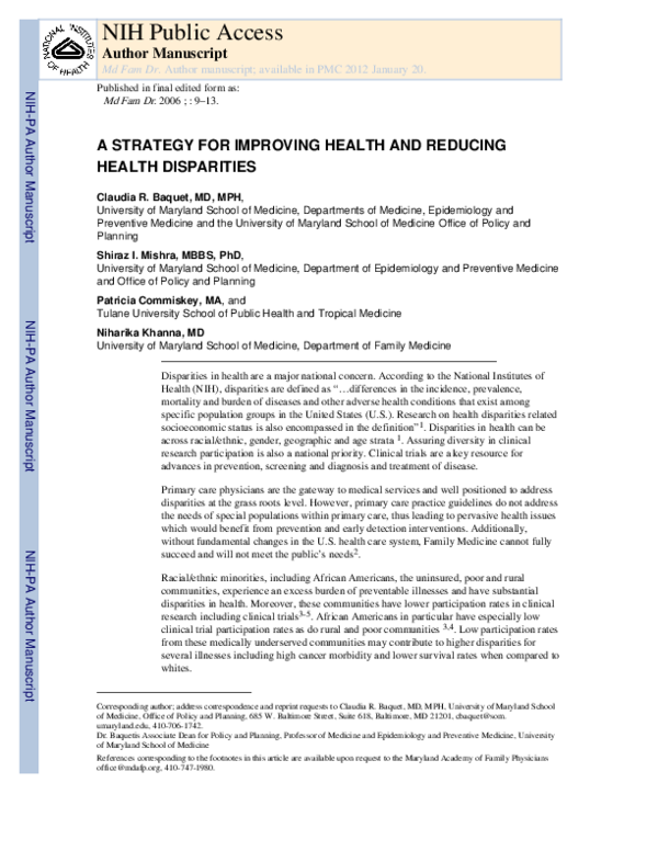 (PDF) A Strategy for Improving Health and Reducing Health Disparities