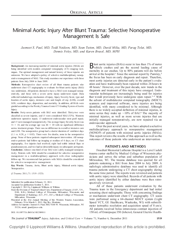 (PDF) Minimal Aortic Injury After Blunt Trauma: Selective Nonoperative ...