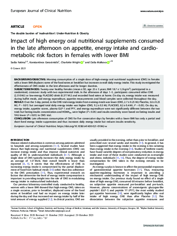 (PDF) Impact of high energy oral nutritional supplements consumed in ...