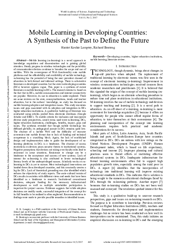 (PDF) Mobile Learning In Developing Countries: A Synthesis Of The Past ...