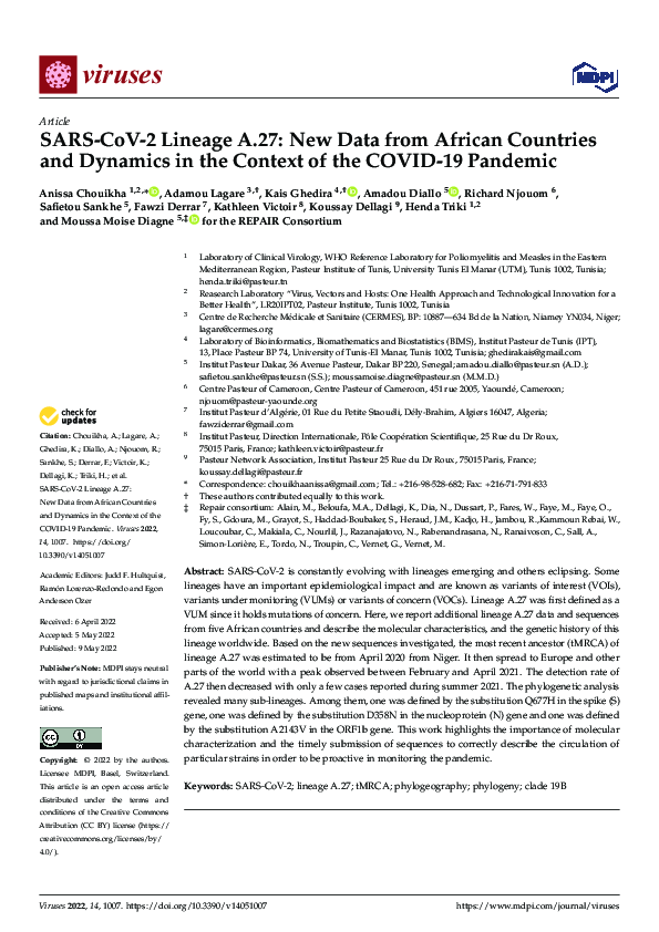 (PDF) SARS-CoV-2 Lineage A.27: New Data from African Countries and ...