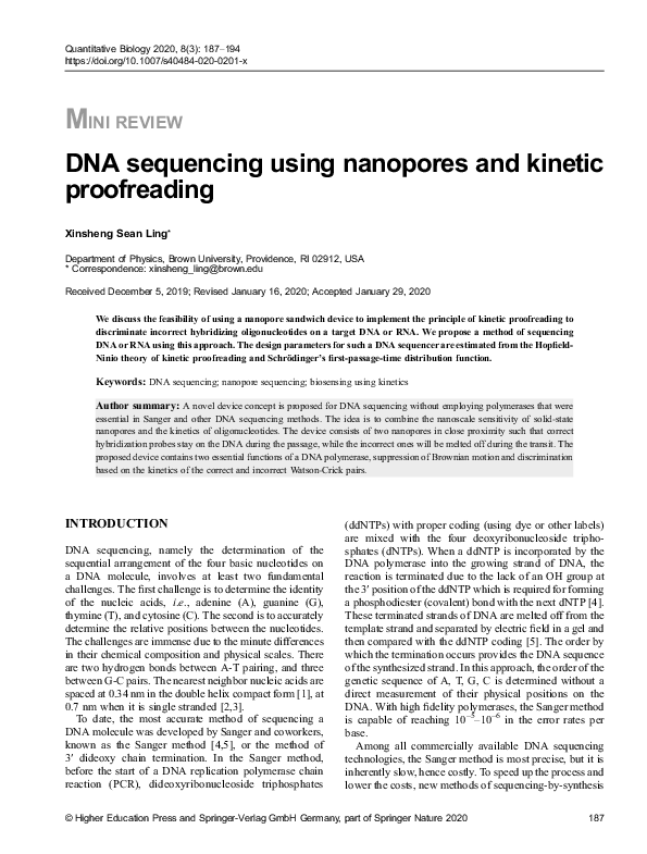 (PDF) DNA sequencing using nanopores and kinetic proofreading