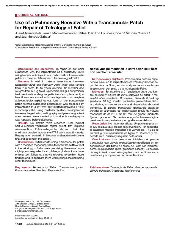 (PDF) Use of a Pulmonary Neovalve With a Transannular Patch for Repair ...