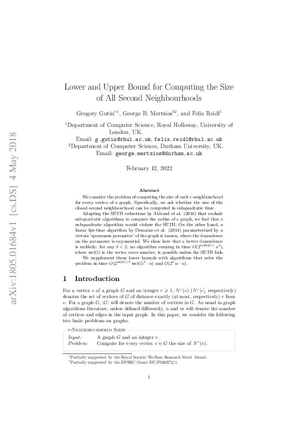 (PDF) Lower and Upper Bound for Computing the Size of All Second Neighbourhoods | Felix Reidl ...