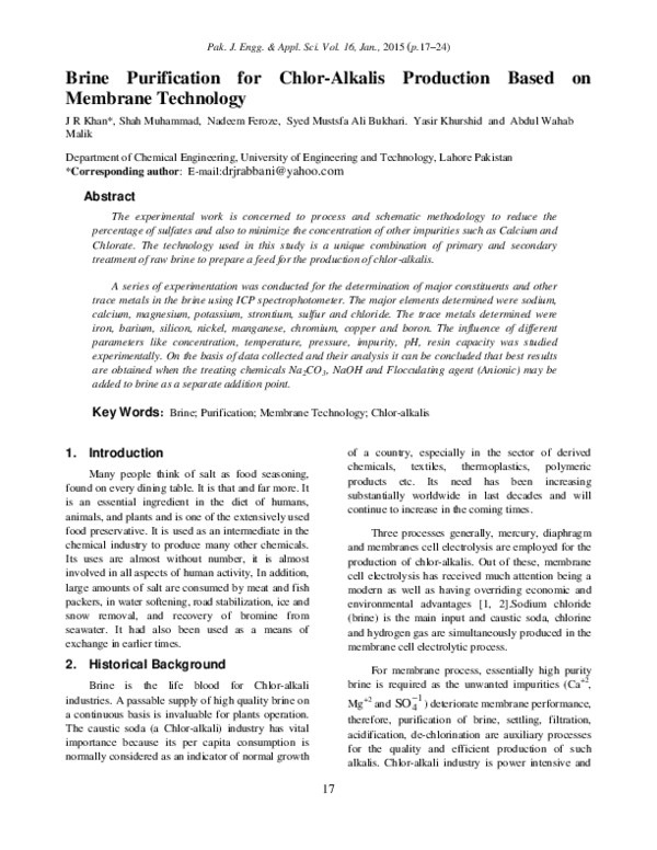 (PDF) Brine Purification for Chlor-Alkalis Production Based on Membrane ...
