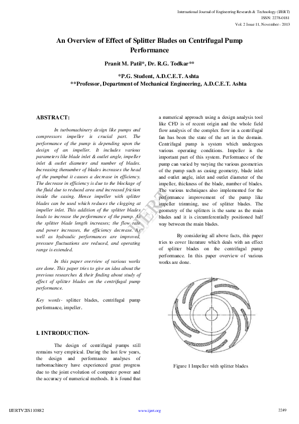 Pdf An Overview Of Effect Of Splitter Blades On Centrifugal Pump Performance