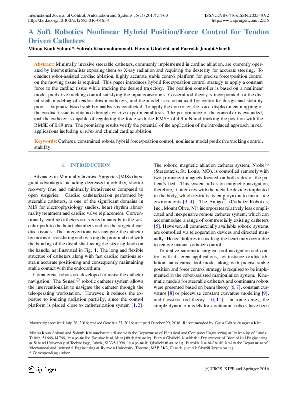 Pdf A Soft Robotics Nonlinear Hybrid Positionforce Control For Tendon Driven Catheters