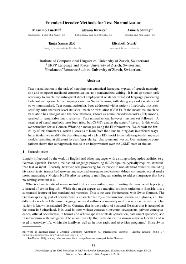 (PDF) Encoder-Decoder Methods for Text Normalization