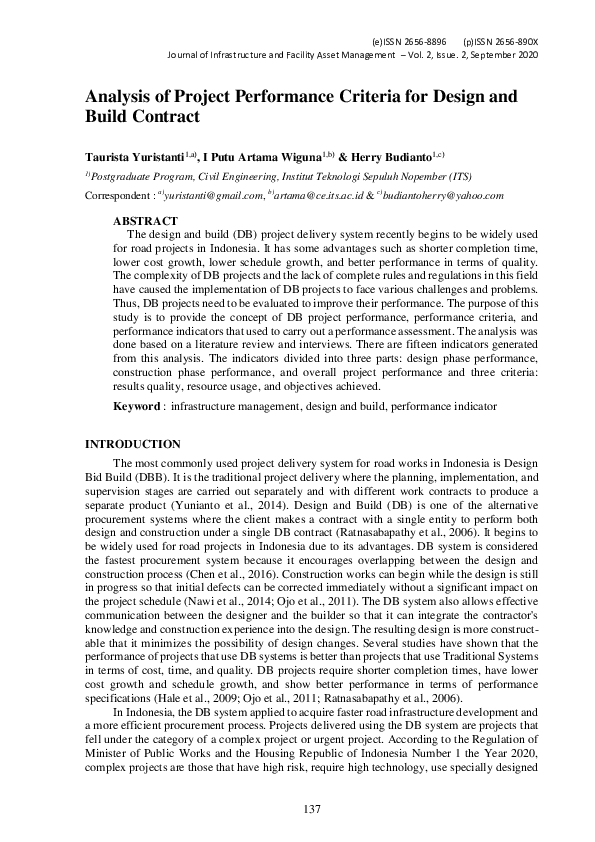 (PDF) Analysis of Project Performance Criteria for Design and Build ...