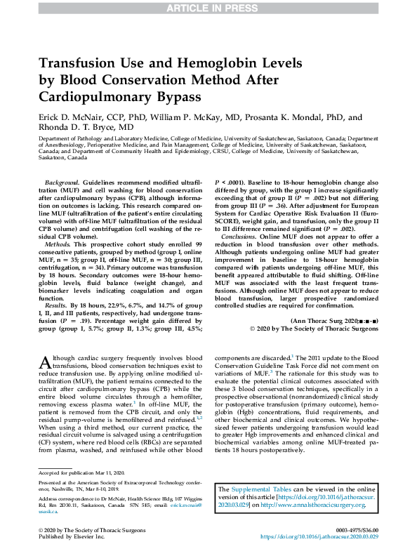 (PDF) Transfusion Use and Hemoglobin Levels by Blood Conservation ...