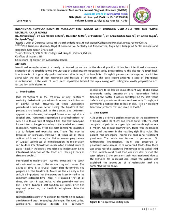 (PDF) Intentional Reimplantation of Maxillary First Molar with ...