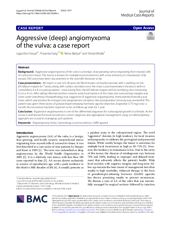 (PDF) Aggressive (deep) angiomyxoma of the vulva: a case report | Rama ...