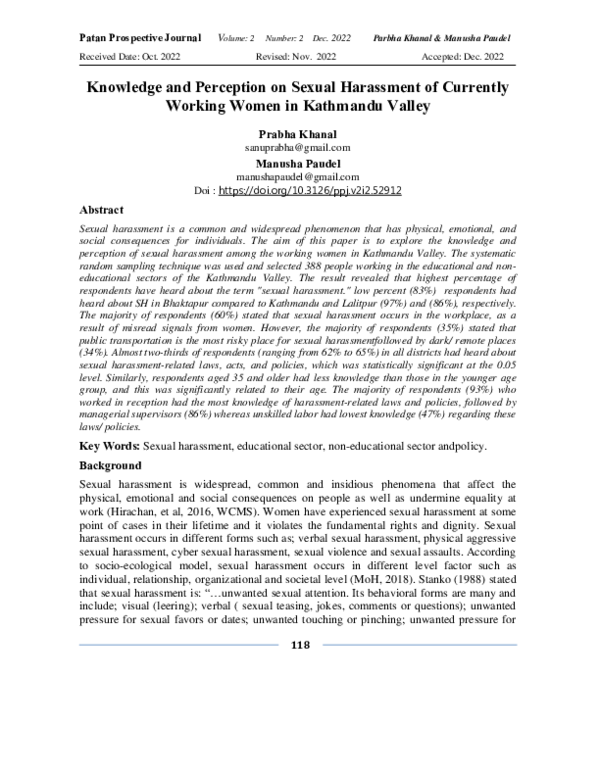 (PDF) Knowledge and Perception on Sexual Harassment of Currently Working Women in Kathmandu Valley