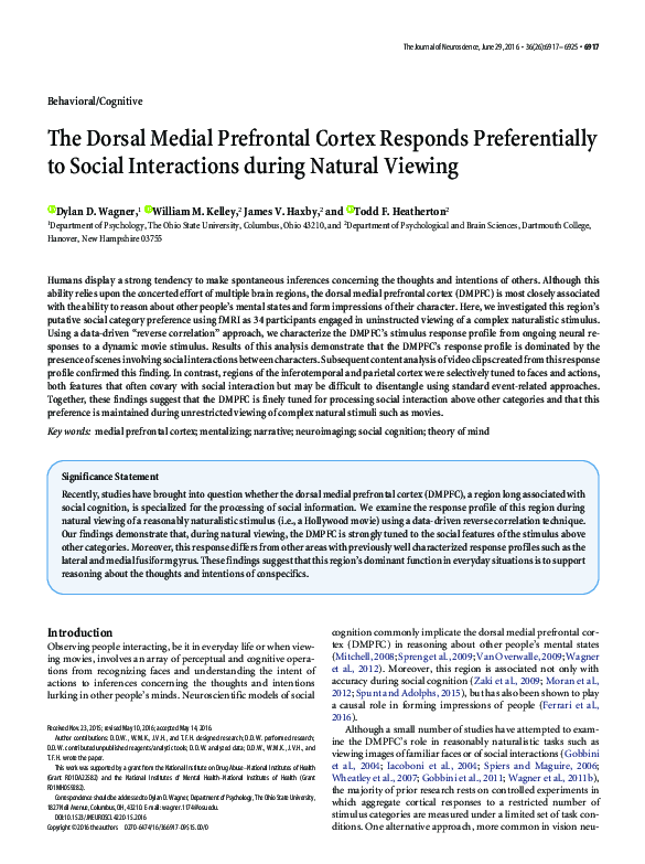 Pdf The Dorsal Medial Prefrontal Cortex Responds Preferentially To Social Interactions During