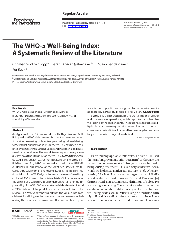 (PDF) The WHO-5 Well-Being Index: A Systematic Review of the Literature