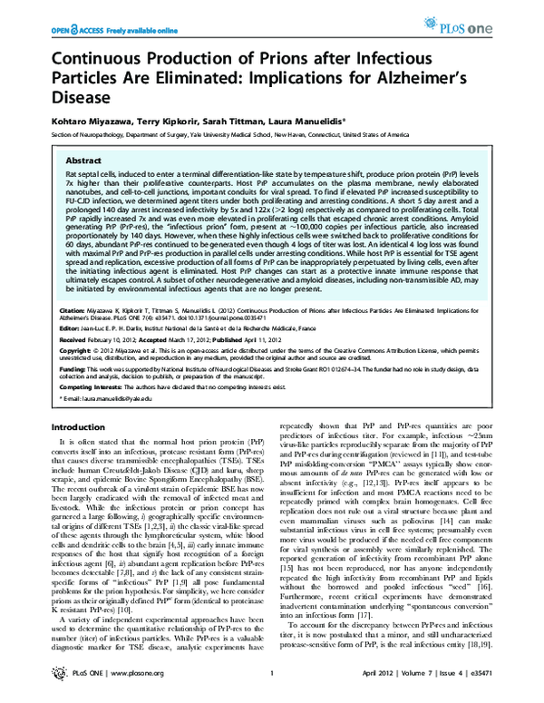 (PDF) Continuous Production of Prions after Infectious Particles Are ...