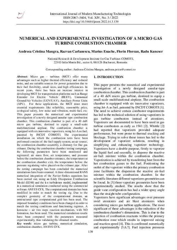 (PDF) Numerical and Experimental Investigation of a Micro Gas Turbine Combustion Chamber