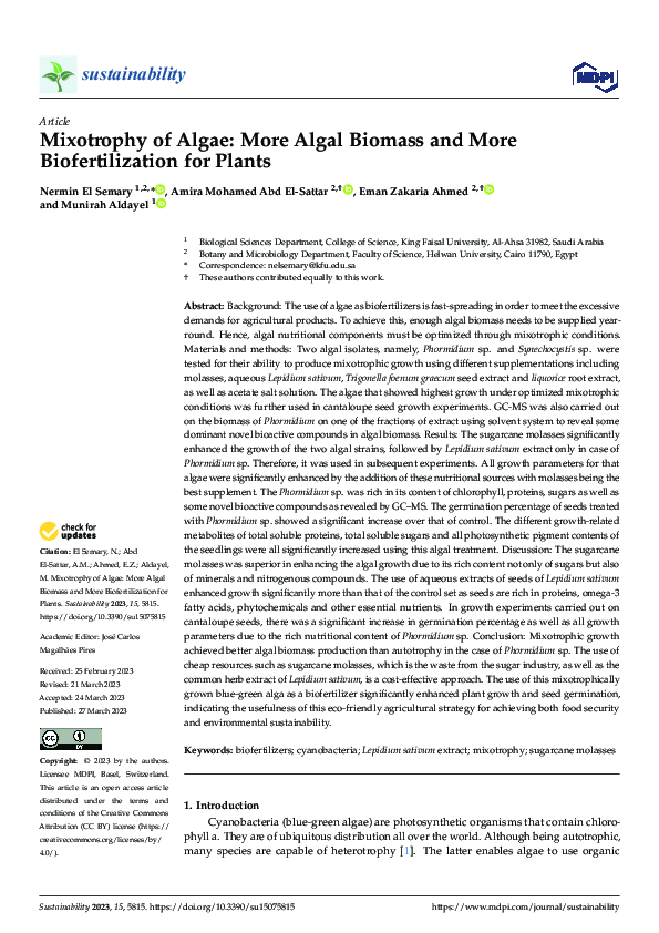 (PDF) Mixotrophy of Algae: More Algal Biomass and More Biofertilization ...