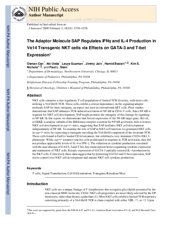 (PDF) The Adaptor Molecule SAP Regulates IFNγ and IL-4 Production in ...