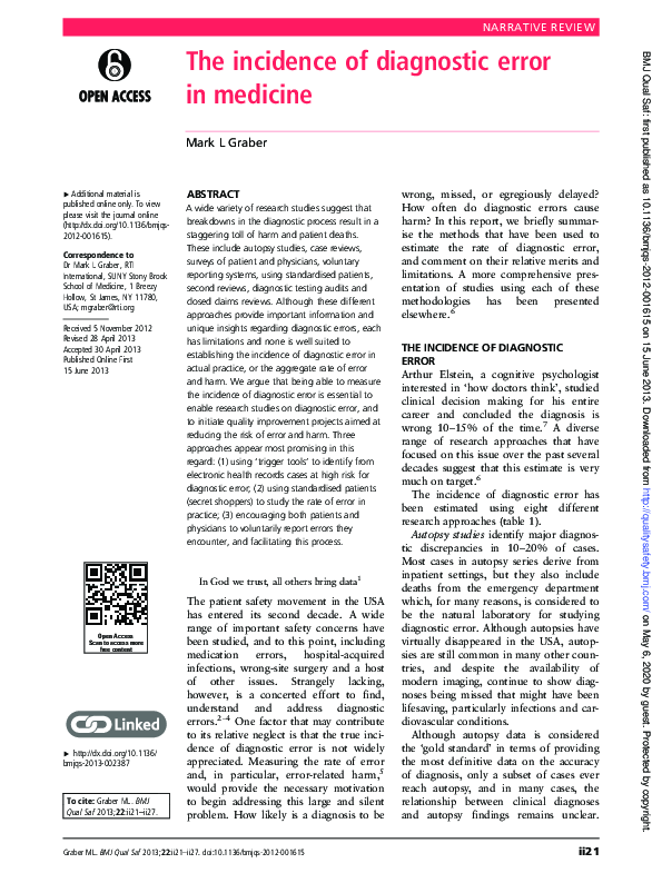 (PDF) The incidence of diagnostic error in medicine