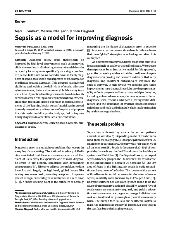 (PDF) Sepsis as a model for improving diagnosis