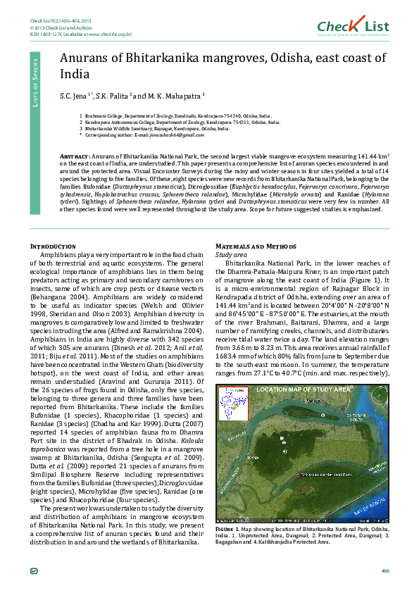 (PDF) Anurans of Bhitarkanika mangroves, Odisha, east coast of India