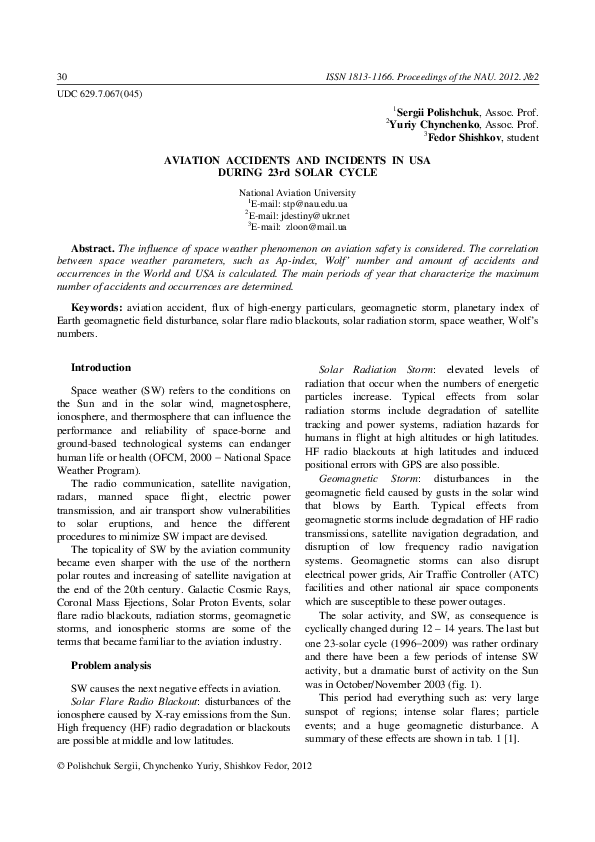 (PDF) AVIATION ACCIDENTS AND INCIDENTS IN USA DURING 23rd SOLAR CYCLE