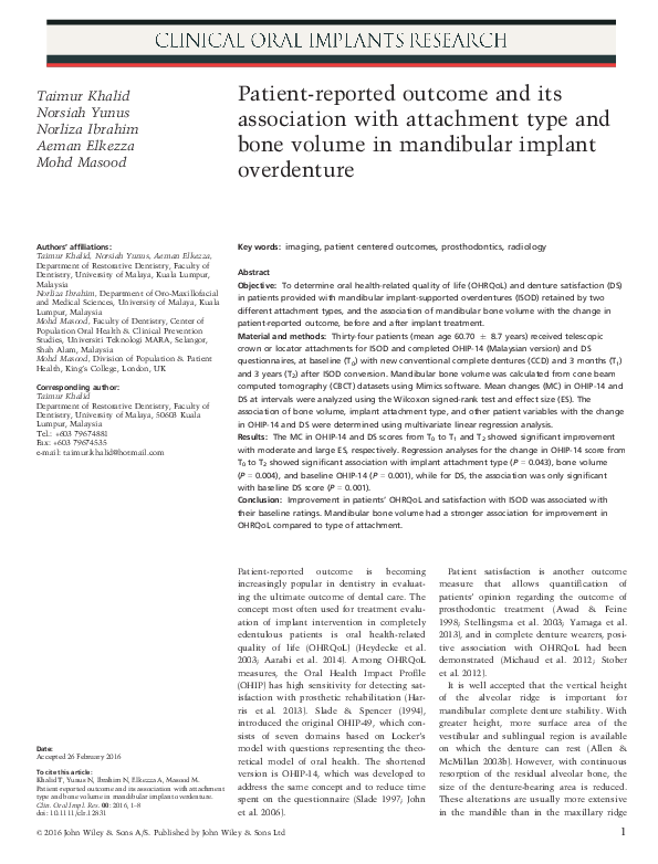 Pdf Patient Reported Outcome And Its Association With Attachment Type And Bone Volume In