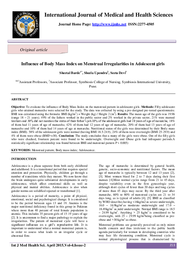 Pdf Influence Of Body Mass Index On Menstrual Irregularities In