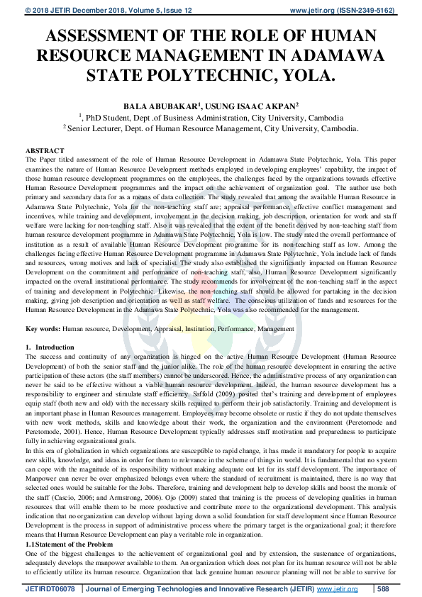 (PDF) Assessment of the Role of Human Resource Management in Adamawa ...