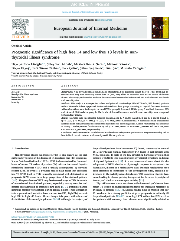 (PDF) Prognostic significance of high free T4 and low free T3 levels in ...