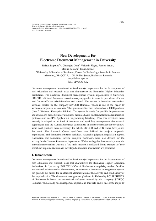 (PDF) New Developments for Electronic Document Management in University POLITEHNICA of Bucharest