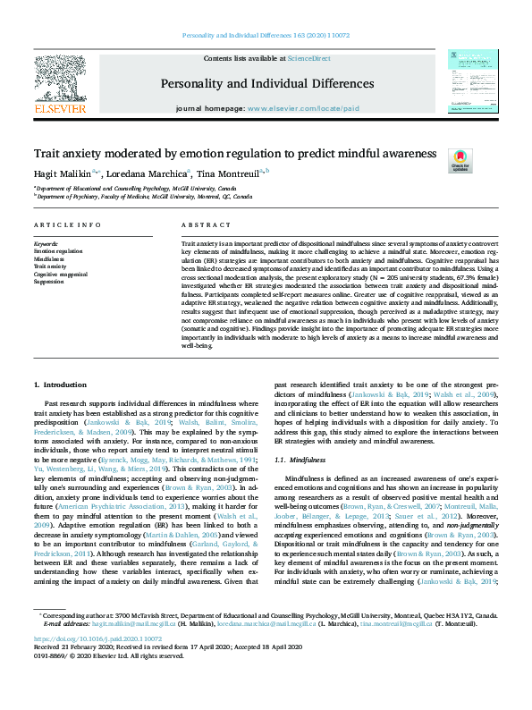 (PDF) Trait anxiety moderated by emotion regulation to predict mindful ...