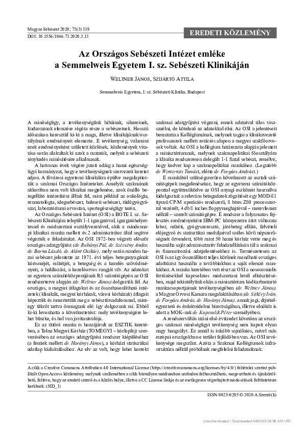 (PDF) Az Országos Sebészeti Intézet emléke a Semmelweis Egyetem I. sz. Sebészeti Klinikáján ...