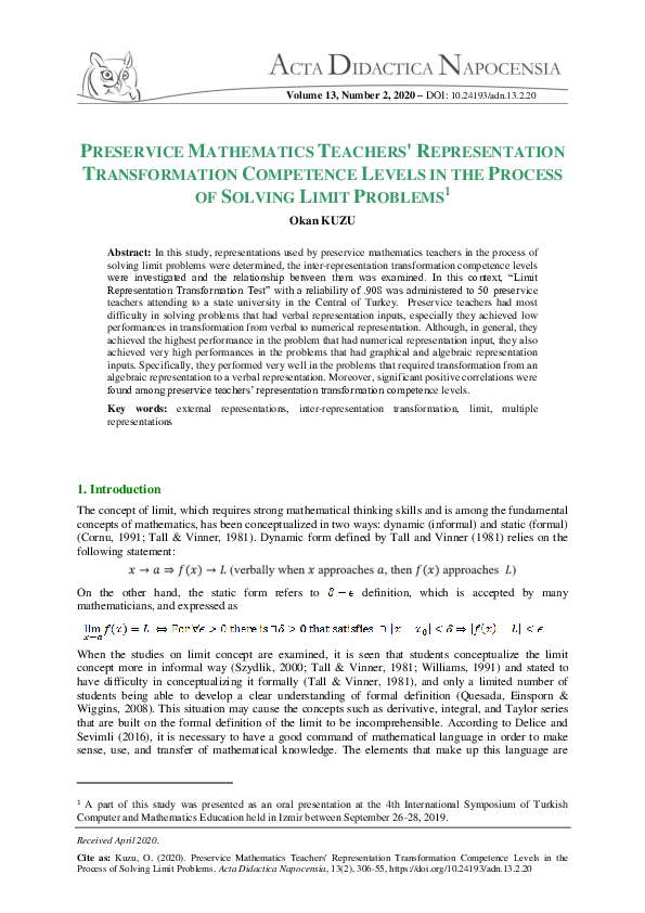 (PDF) Preservice Mathematics Teachers' Representation Transformation Competence Levels in the ...