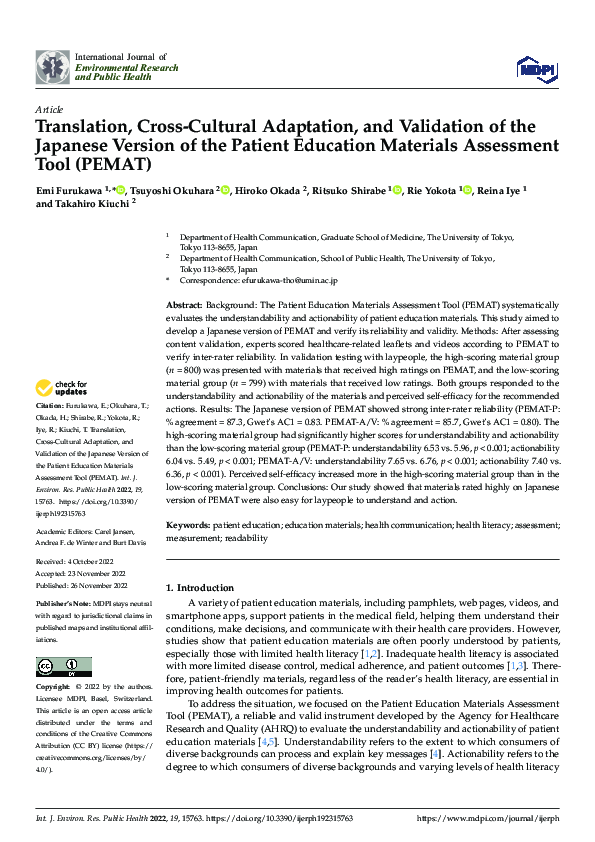 Pdf Translation Cross Cultural Adaptation And Validation Of The Japanese Version Of The