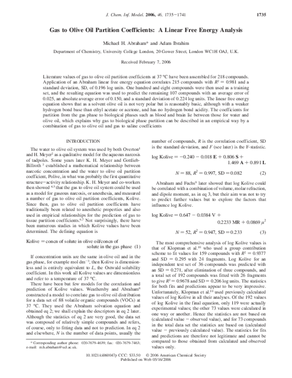(PDF) Gas to Olive Oil Partition Coefficients Analysis
